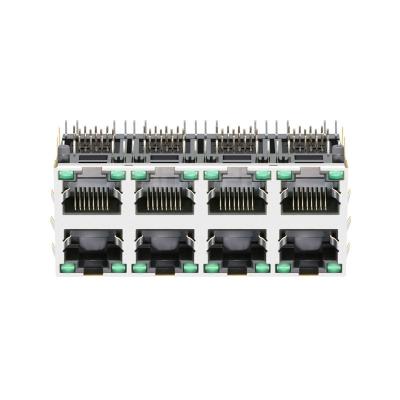 中国 アムフェノール RJSAE-5385-08 コンパティブル LINK-PP LPJE108XAWNL 2X4 ポートコネクタ イーサネット RJ45 組み込み磁石なし タブアップ グリーン/グリーン LED 販売のため