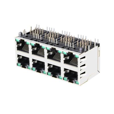 中国 アムフェノール RJSAE-5385-08 コンパティブル LINK-PP LPJE108XAWNL 2X4 ポートコネクタ イーサネット RJ45 組み込み磁石なし タブアップ グリーン/グリーン LED 販売のため