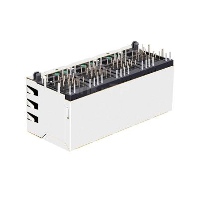 中国 アムフェノール RJSAE-5385-08 コンパティブル LINK-PP LPJE108XAWNL 2X4 ポートコネクタ イーサネット RJ45 組み込み磁石なし タブアップ グリーン/グリーン LED 販売のため