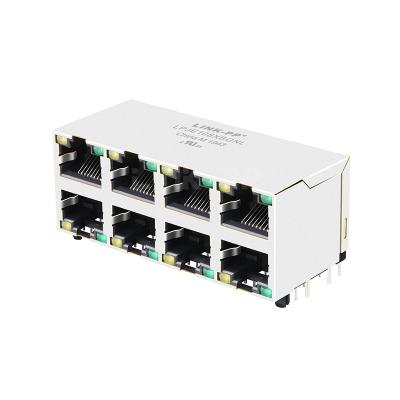 中国 LPJE108XBGNL タブアップ 2X4ポート RJ45 ジャックコネクタ 組み込み磁性のない黄色/緑色のLED 販売のため