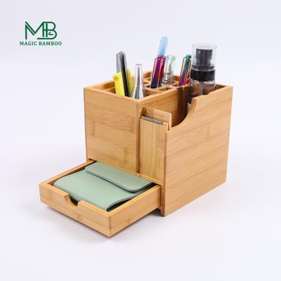 China Bamboo Multifunctional Pen Holder With Drawer And Tape Cutter for sale
