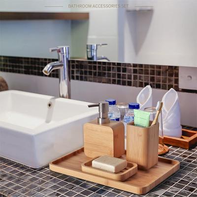 China 4 Stück natürliches Bambus Badezimmer Zubehör Set für Hotel Haus Büro Toilette zu verkaufen