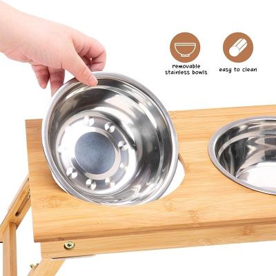 China Un solo nivel sostenible de bambú plegable alimentador de mascotas antideslizante dos cuencos para el sostenimiento en venta
