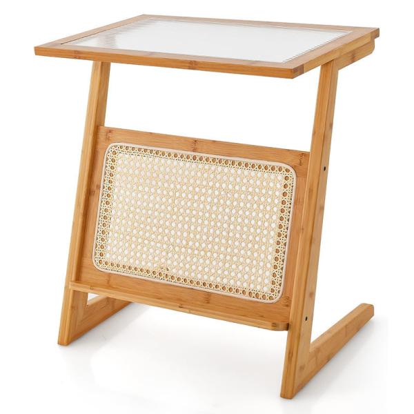 천연 색상 Z형 Bambu 및 Rattan 끝 테이블과 유리 상단 및 매거진 랙