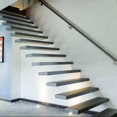 China Customized Auto LED Light Indoor Floating Wood Staircase With Invisible Stainless Steel Beam for sale