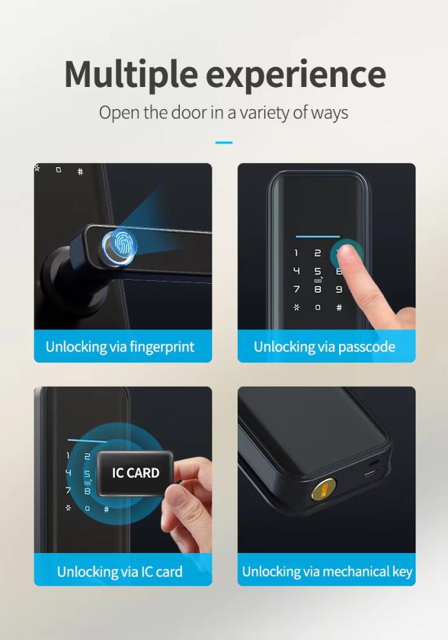 Smart door lock installed on a wooden door