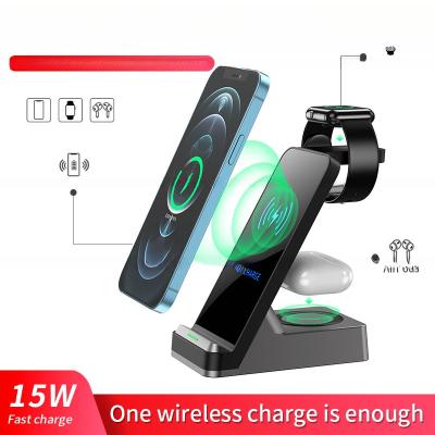 China 3 In1 Fast Qi Wireless Charger Holder 15w Magnetic Charger for Mobile Phone Iwatch Custom Led Logo and 5V/2A Output for sale