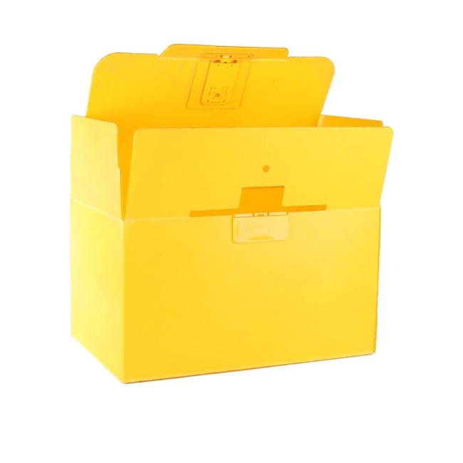 Yellow plastic reusable box showing nestable design