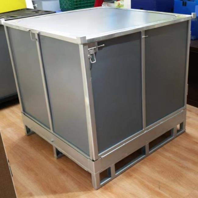 Plastic reusable box showing side view and stacking capability