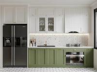 China Light Green Solid Wood Kitchen Cabinets Island Shape Customization for sale