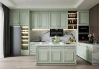China Light Green Solid Wood Kitchen Cabinets Island Shape Customization for sale