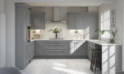 China isola Antivari di 5M U Shape Modern Modular Grey Color Kitchen Design With ed insieme della dispensa for sale
