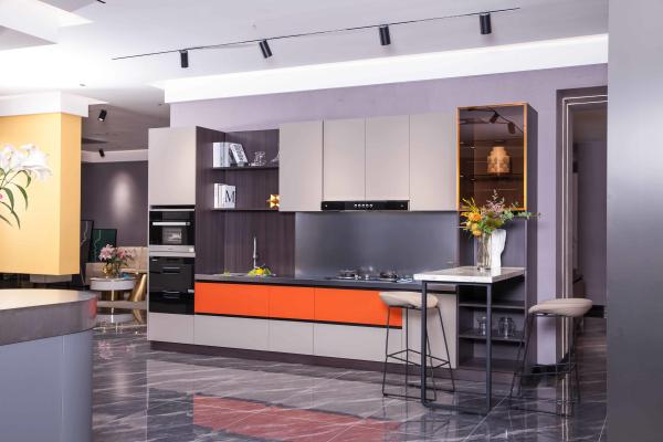 Quality Modern Kitchen Cabinets - Beige Orange Dark Wood - Bar Counter - Oven for sale