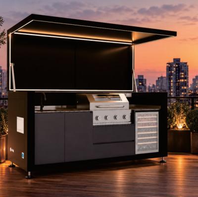 China Aluminum Outdoor Party Kitchen with Dual-Fuel Grill Electric Push Rod Flip Cover and Honeycomb Panel for sale