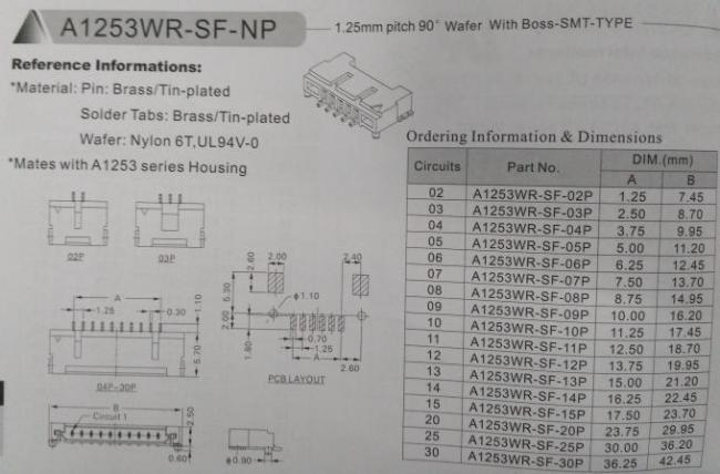 le connecteur à angle droit de gaufrette de lancement de 1.25mm, connecteur du fil DF14, type latéral d'entrée a enveloppé l'en-tête
