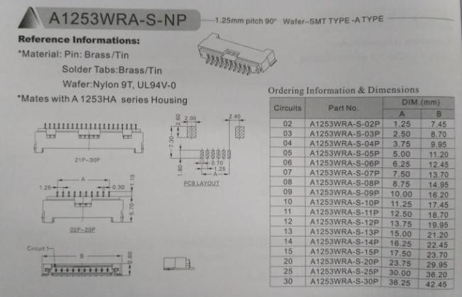 le connecteur à angle droit de gaufrette de lancement de 1.25mm, connecteur du fil DF14, type latéral d'entrée a enveloppé l'en-tête