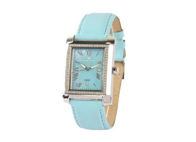 China Rectangle Blue Leather Quartz Watch Stainless Steel Case MOP Dial for sale