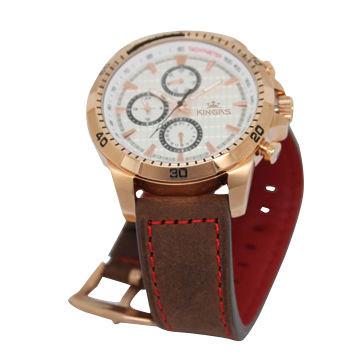 China Six Hands steel Case Leather Wrist Watch rose gold Plated for Men for sale