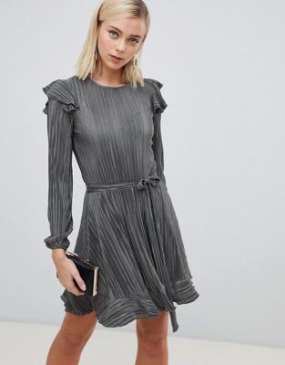 China factory clothing manufacturer custom long sleeve frill belted plisse dress for woman for sale
