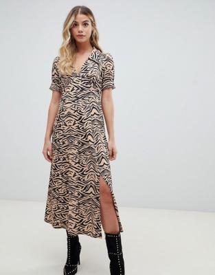 China custom make short sleeve animal print midi tea dress in rib for sale
