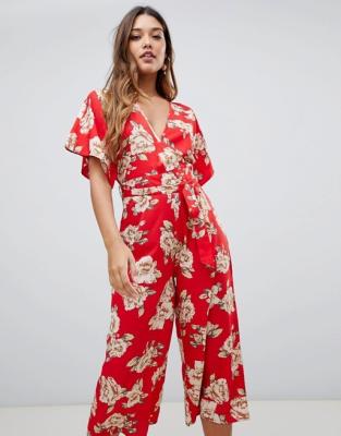 China custom make V neck tie waist floral jumpsuit for girls for sale