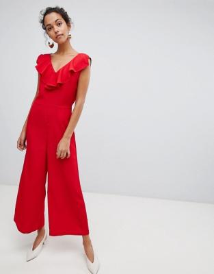 China factory supplier in china custom plain red ruffle detail wide leg girl jumpsuit for sale