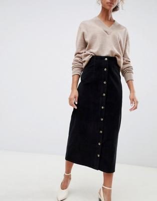 China OEM hot selling button through midi skirt in washed black for sale