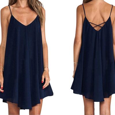 China Newest Design Women Wholesale Sexy Spaghetti Strap Pure Color Flare Off Shoulder Casual Dress for sale