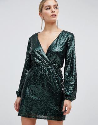 China OEM sequin wrap front long sleeve green skater dress for sale