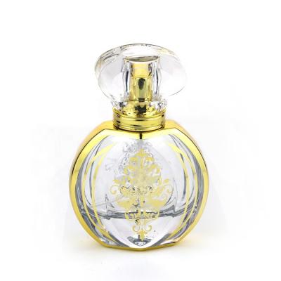 China Unique Color Logo Glass Spray Perfume Bottle Hot Stomping Arabic 50ml Shape Perfume Bottle Gold High Quality Luxury for sale