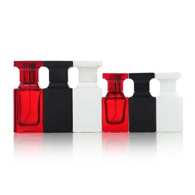 China High Qiality Custom Luxury Red Black White Glass Perfume Bottle 30ml 50ml With Black White Red Cap for sale