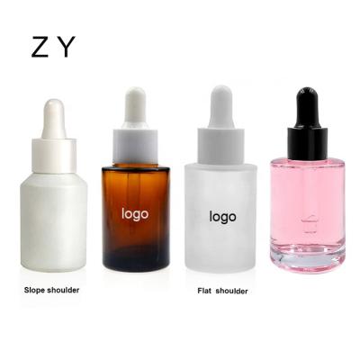 China Personal Care Shoulder Serum Cosmetic Dropper Essential Oil Glass Bottle 10ml 15ml 20ml 30ml 50ml 100ml Amber Clear White Flat Slope for sale