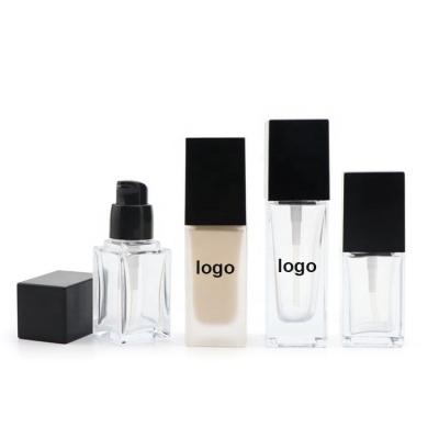 China Personal Care Wholesale Cosmetic Packaging 15ml 20ml 30ml 40ml Square Serum Lotion Foundation Glass Clear Empty Bottle With Pump for sale