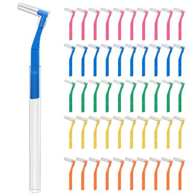 China 50 Count L-Shaped Angle Interdental Brushes for Braces - 5 Sizes 0.6mm to 1.2mm with Extended Handle for sale