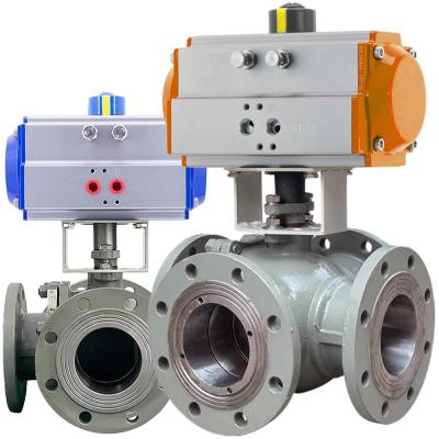 China SONGO Carbon Steel 4 Way Flange Pneumatic Ball Valve WCB ANSI 300LB Cast Steel Pneumatic Actuator for sale