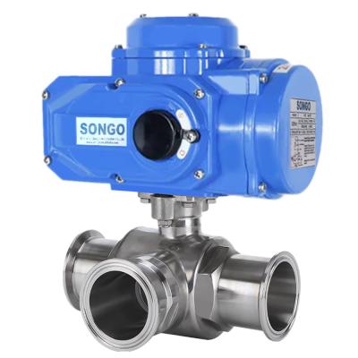 China Sanitary 3 Way Motorized Ball Valve Food Grade SS304 T L Port Modulating Electric Actuator for sale