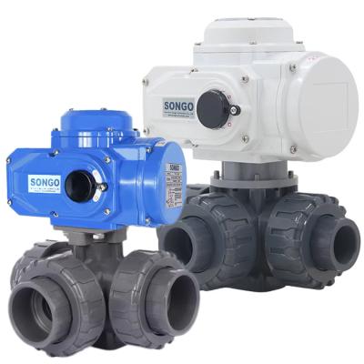 China PVC 3 Way Electric Actuator Ball Valve Motorized IP67 50Nm DN20 3/4 Inch 110V AC True Union for sale