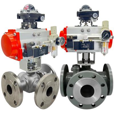 China 3way 150LB Flange Pneumatic Actuator Valve L T Port Stainless Steel 304 Spring Return Double Action for sale