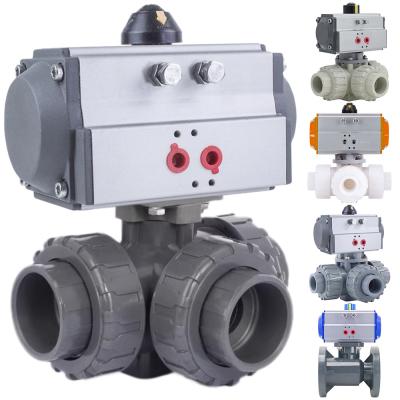 China 3Way PVC Pneumatic Ball Valve Corrosion Resistant Plastic Double Union Female Thread Type for sale