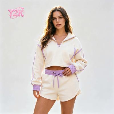 China Custom Women's Quarter Zip Cropped Hoodie & Shorts 2pc Set for sale
