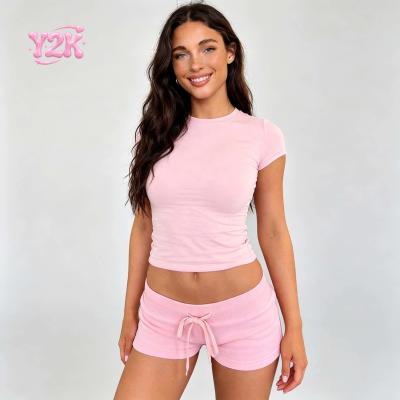 China Custom Pink Slim Fit Short Sleeve T-Shirt & Mini Shorts Set for sale