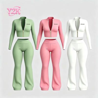 China Custom Women Yoga Set Zip Front Crop Jacket Flared Pants High Waist Yoga Leggings Fitness Gym Wear Sports Yoga Outfit Stretch Activewear OEM ODM Factory for sale