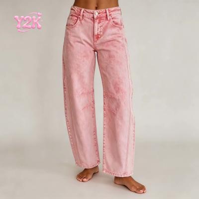 China Custom Women's Acid Wash Barrel Leg Carpenter Denim Jeans for sale