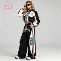 China Custom Women Patchwork Zip Jacket Wide Leg Pants Two Piece Set for sale