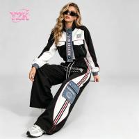 China Custom Women Patchwork Zip Jacket Wide Leg Pants Two Piece Set for sale