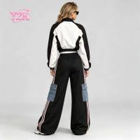 China Custom Women Patchwork Zip Jacket Wide Leg Pants Two Piece Set for sale