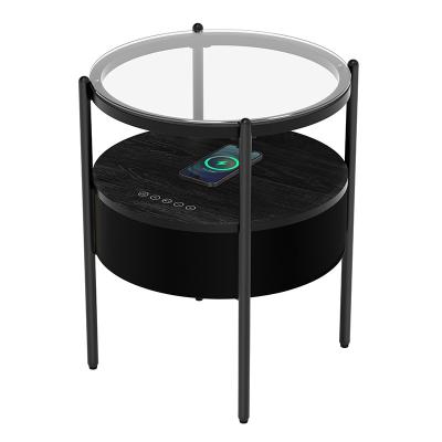 China LED Glass Integrated Tiered End Tables Bluetooth Speaker Bedside Table With USB Port for sale
