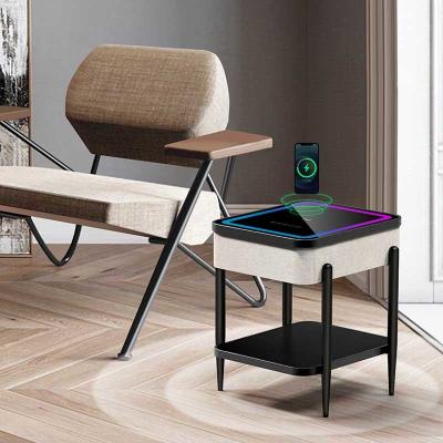 China Custom Logo MDF Bluetooth Wireless Speaker Table With Wireless Charging LED Light for sale