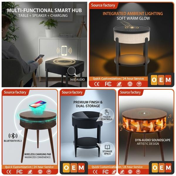 Quality Bluetooth Speaker Table ATC639 65W RMS 20W Charging Wooden Wireless Charging Nightstand for sale