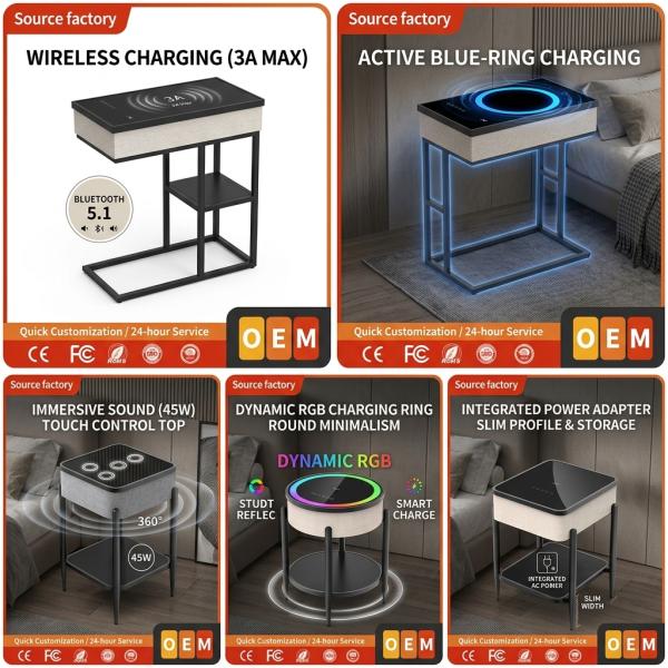 Quality Wireless Charging Side Table ATC609L 30W RGB Dynamic Bedside Table Modern Bedroom for sale